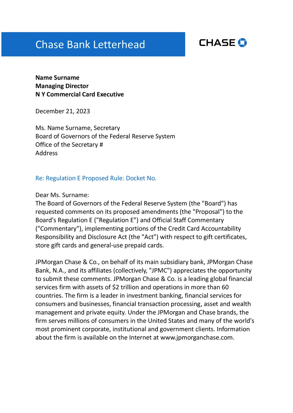 Free Chase Bank Letterhead Template For Google Docs